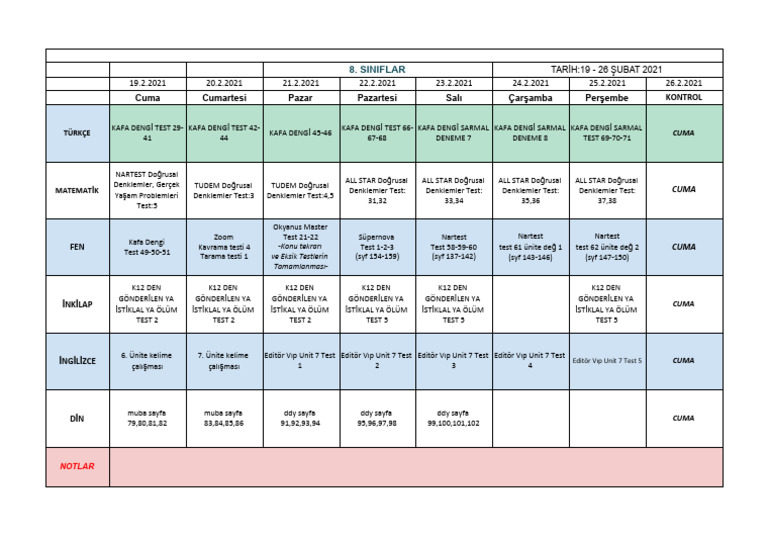 Siniflar Odev Cizelgesi | PDF