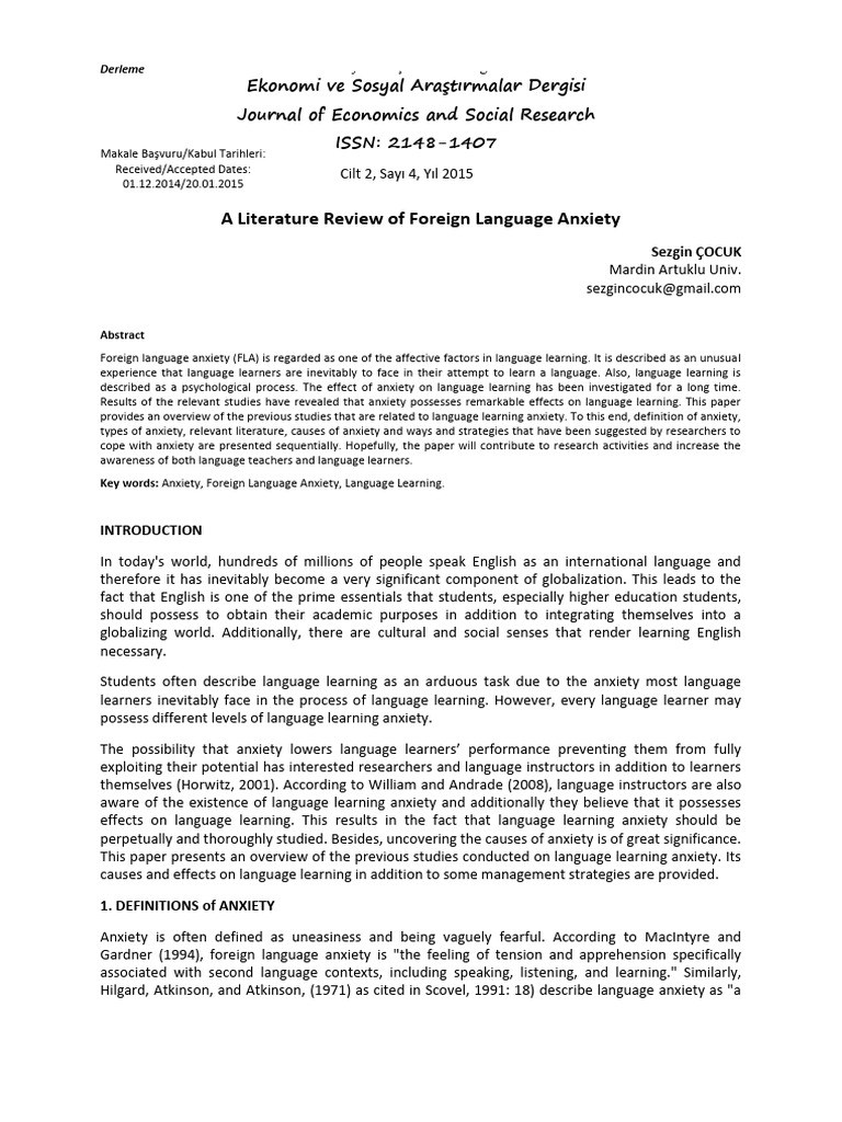 Sezgin - A Literature Review of Foreign Language Anxiety | PDF | Anxiety | Learning