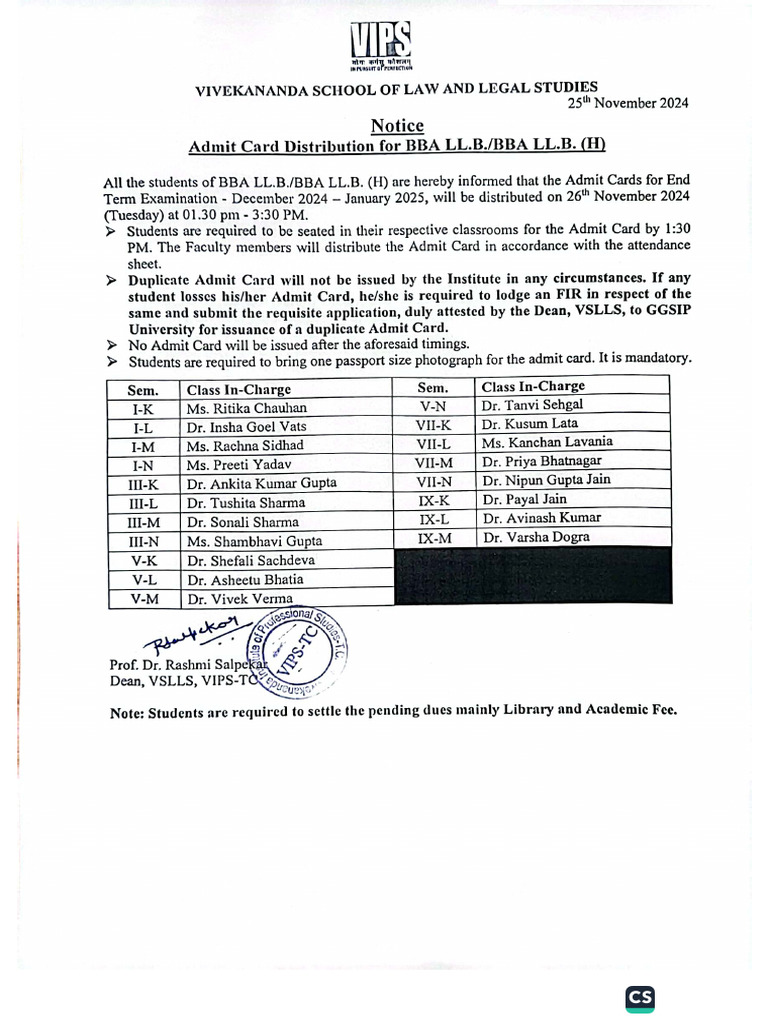 Notice For Admit Card Distribution (BBA LLB) | PDF