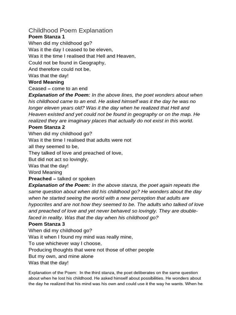Childhood Poem Analysis and Explanation | PDF | Poetry | Thought