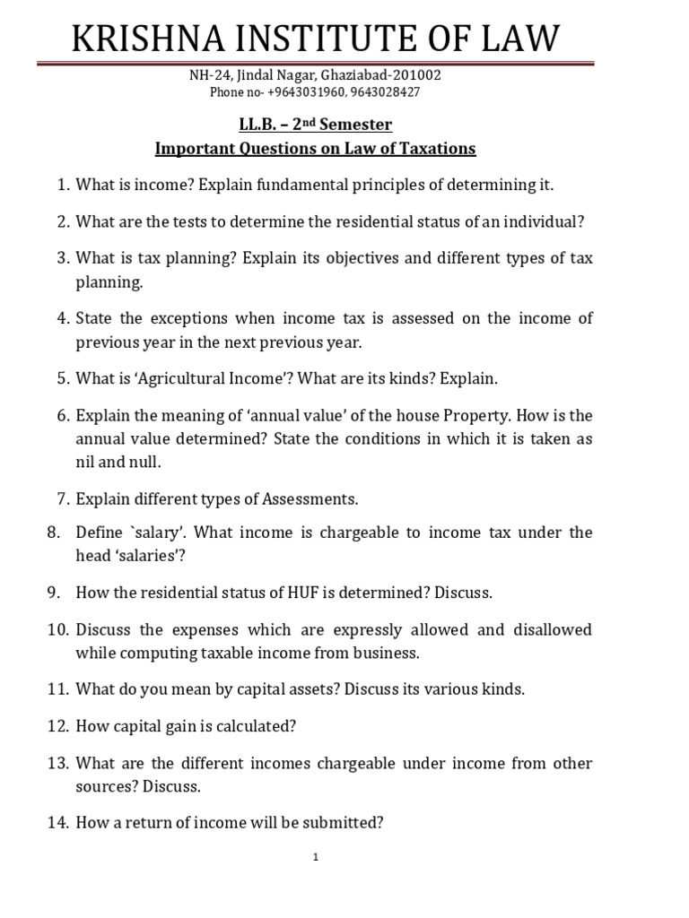 Important Taxation Questions for LL.B. | PDF