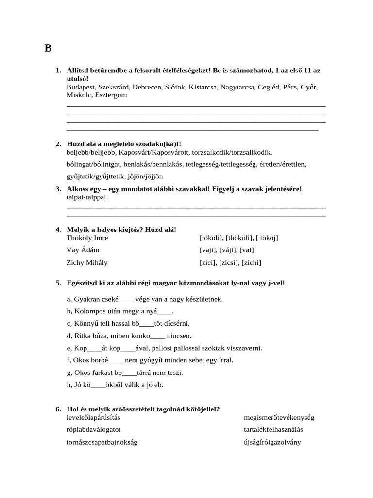 Nyelvtan Helyesírási Dolgozat B | PDF