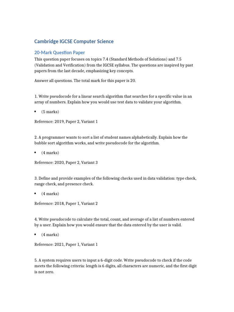 IGCSE Computer Science 20-Mark Paper | PDF