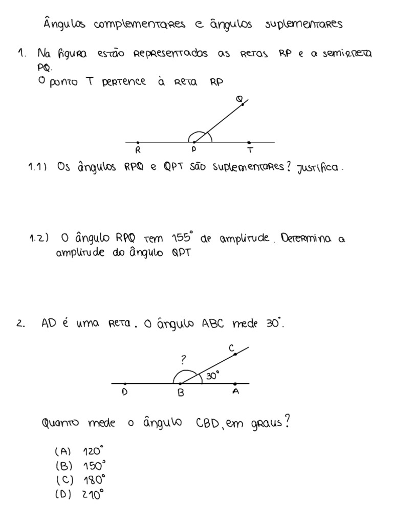 Ficha Ângulos Suplementares e Ângulos Complementares | PDF | Ângulo | Geometria Elementar