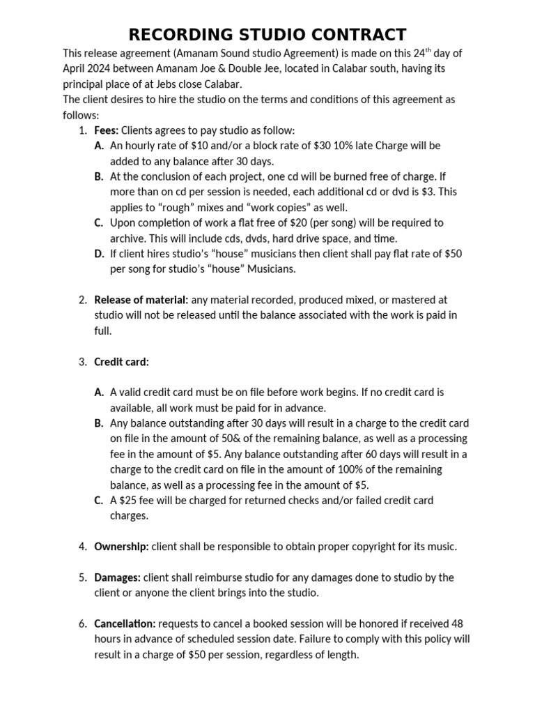 Recording Studio Contract - 020715 | PDF