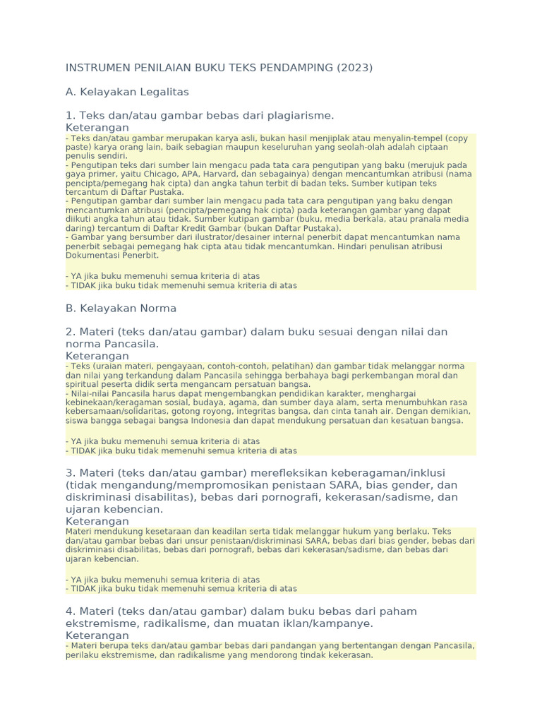 Instrumen Penilaian Buku Teks Pendamping - 2023 | PDF
