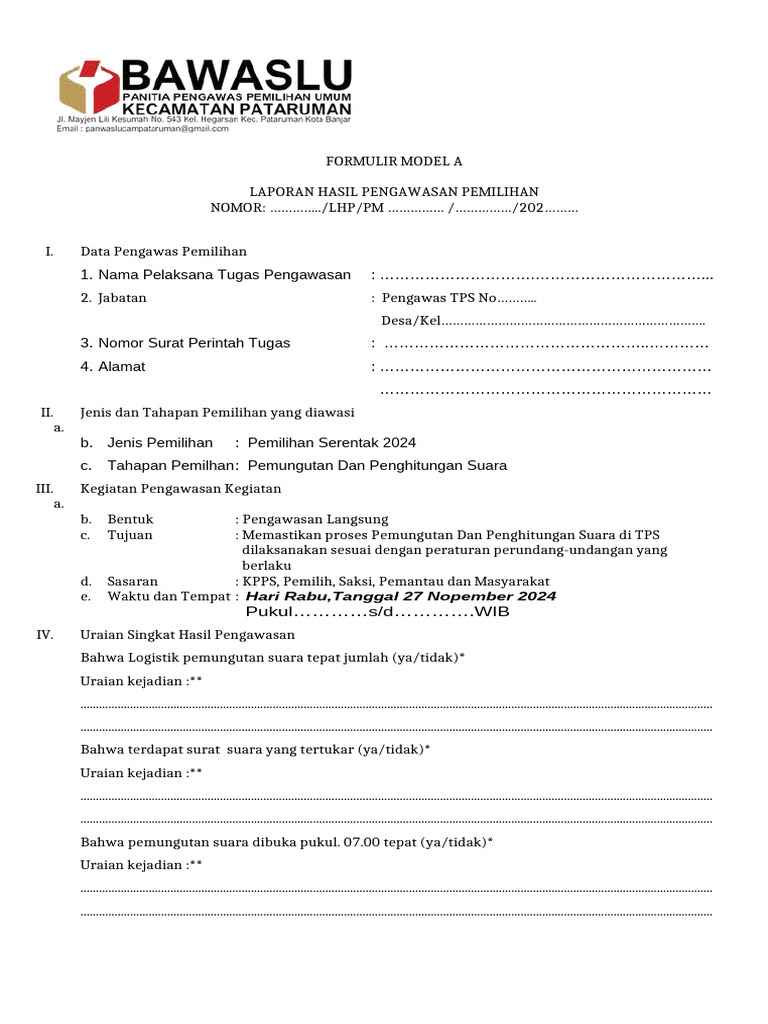 FORMAT LHP PTPS 27 NOP 2024 Pemungutan Dan Penghitungan Suara | PDF