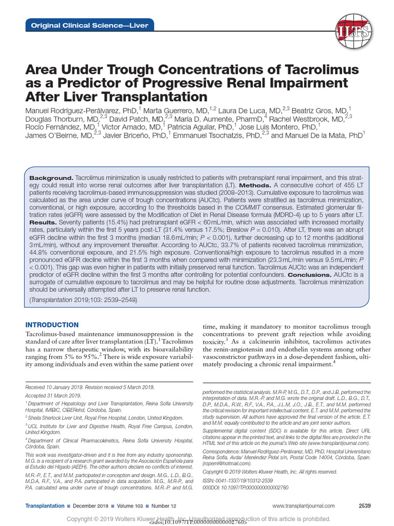 Area Under Trough Concentrations of Tacrolimus As A Predictor of ...