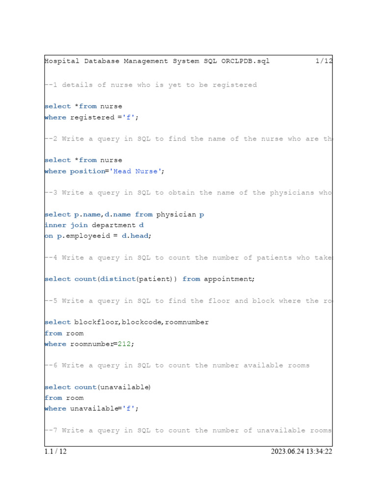 Hospital Database Management System Oracle SQL | PDF | Sql | Patient