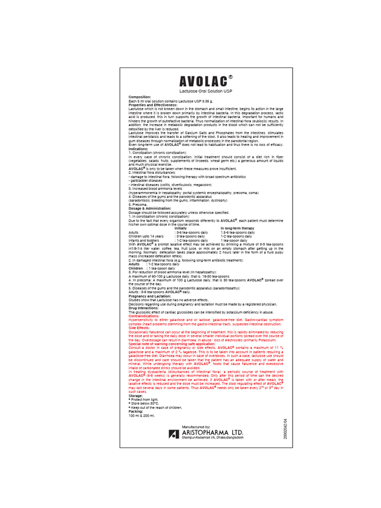 Avolac: Lactulose Oral Solution USP | PDF | Constipation | Medical ...