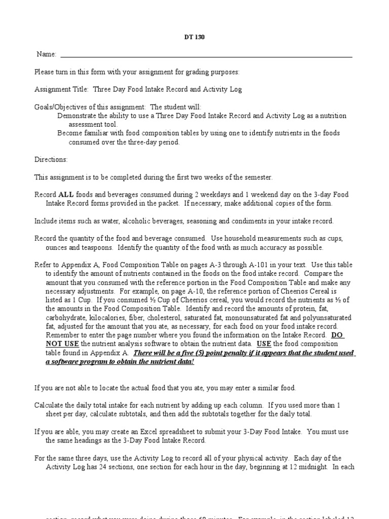 3 Day Food Intake Record | PDF | Dietary Fiber | Diet & Nutrition