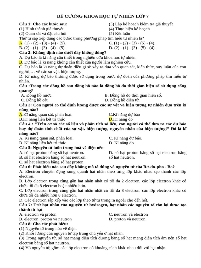 Đề Cương Khoa Học Tự Nhiên Lớp 7 Gki | PDF