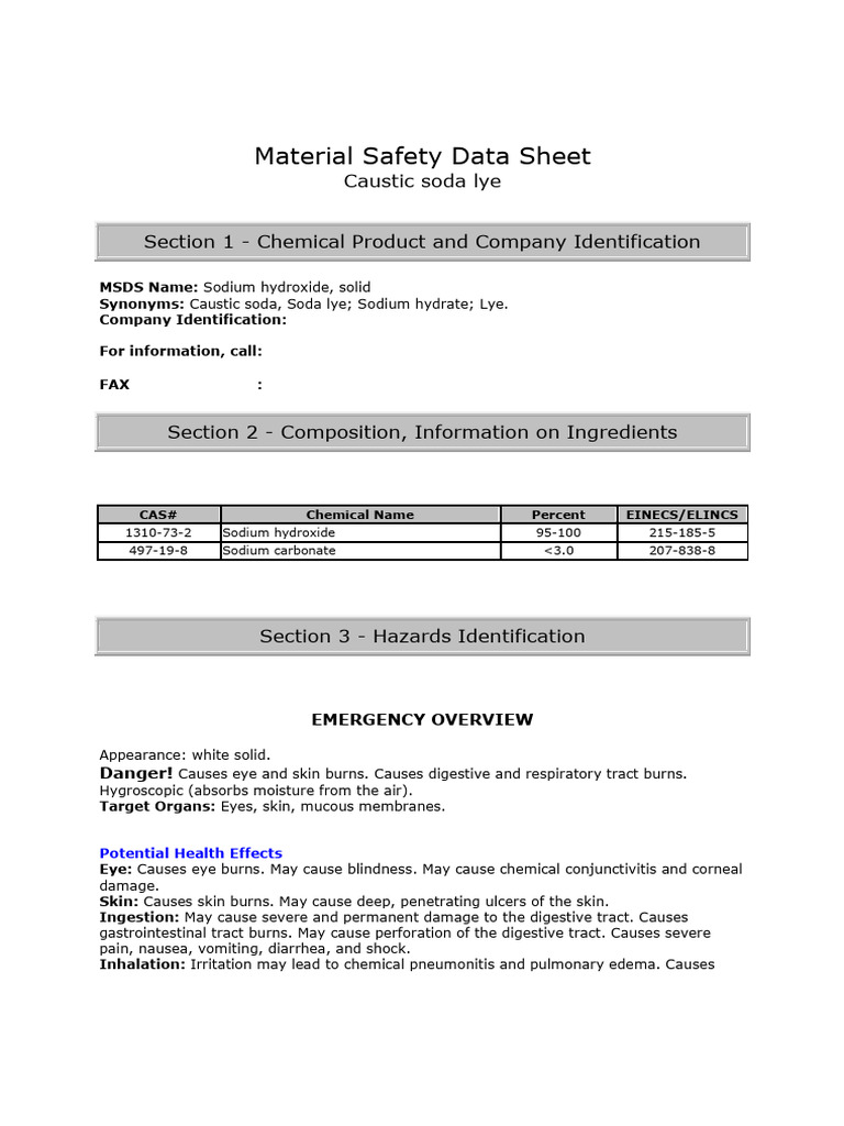 MSDS Caustic Soda Lye | PDF | Sodium Hydroxide | Sodium Carbonate
