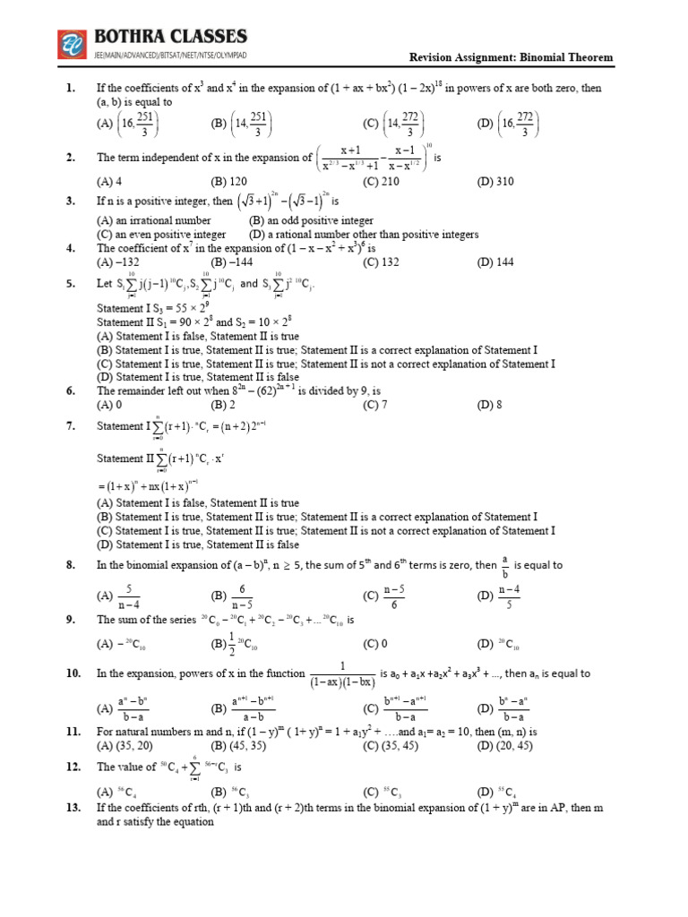 eGpRkt - Revision Assignment Binomial Theorem | PDF | Mathematics | Elementary Mathematics