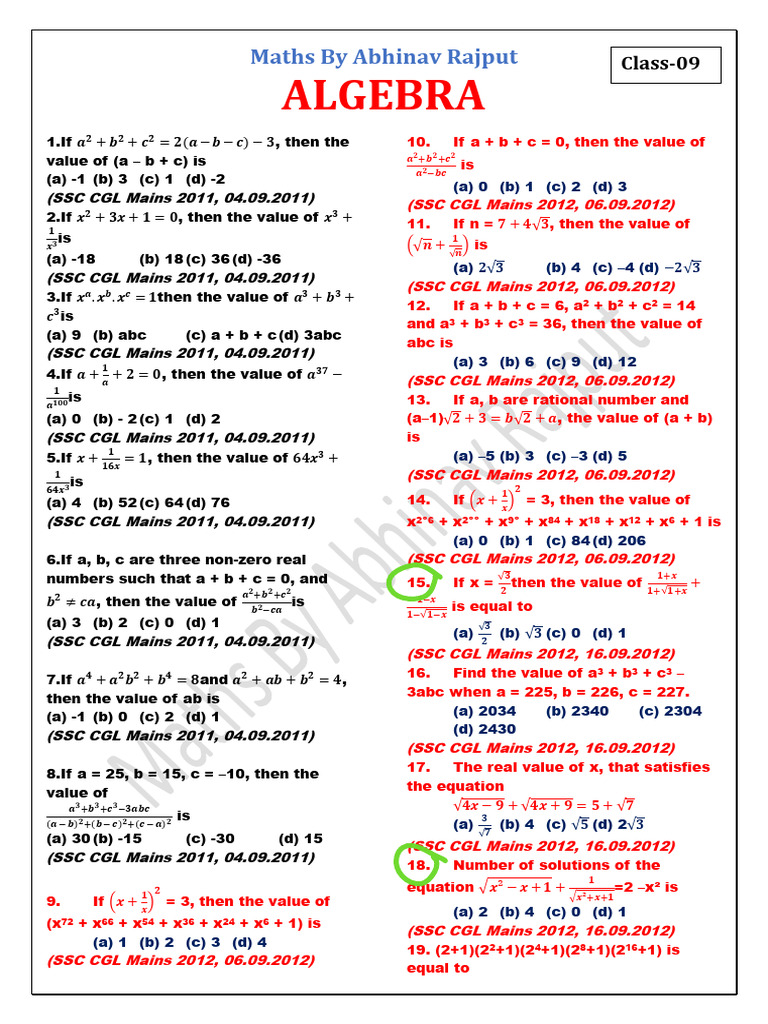 9.algebra Pyq SSC CGL Tier2 | PDF | Arithmetic | Equations