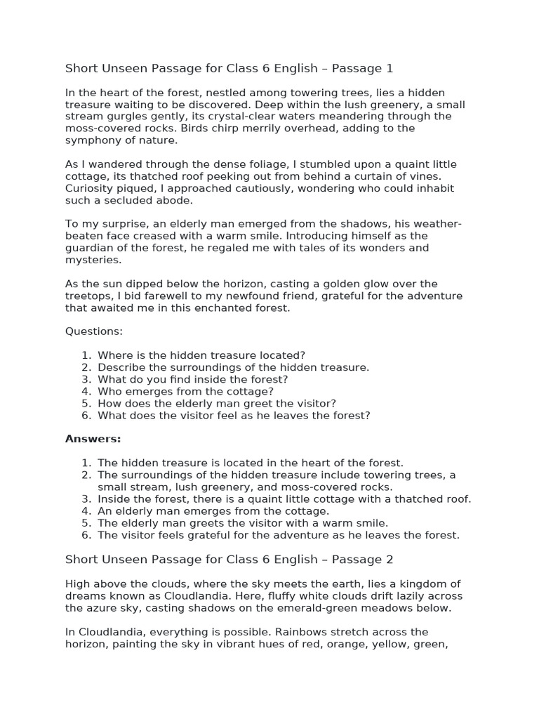 Class 6 English Unseen Passages | PDF | Giraffe | Sky