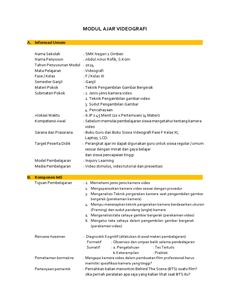 Modul Ajar Desain Komunikasi Visual - Modul Ajar1 Videografi Fase F Kelas XI DKV SMK Semester 1 ...