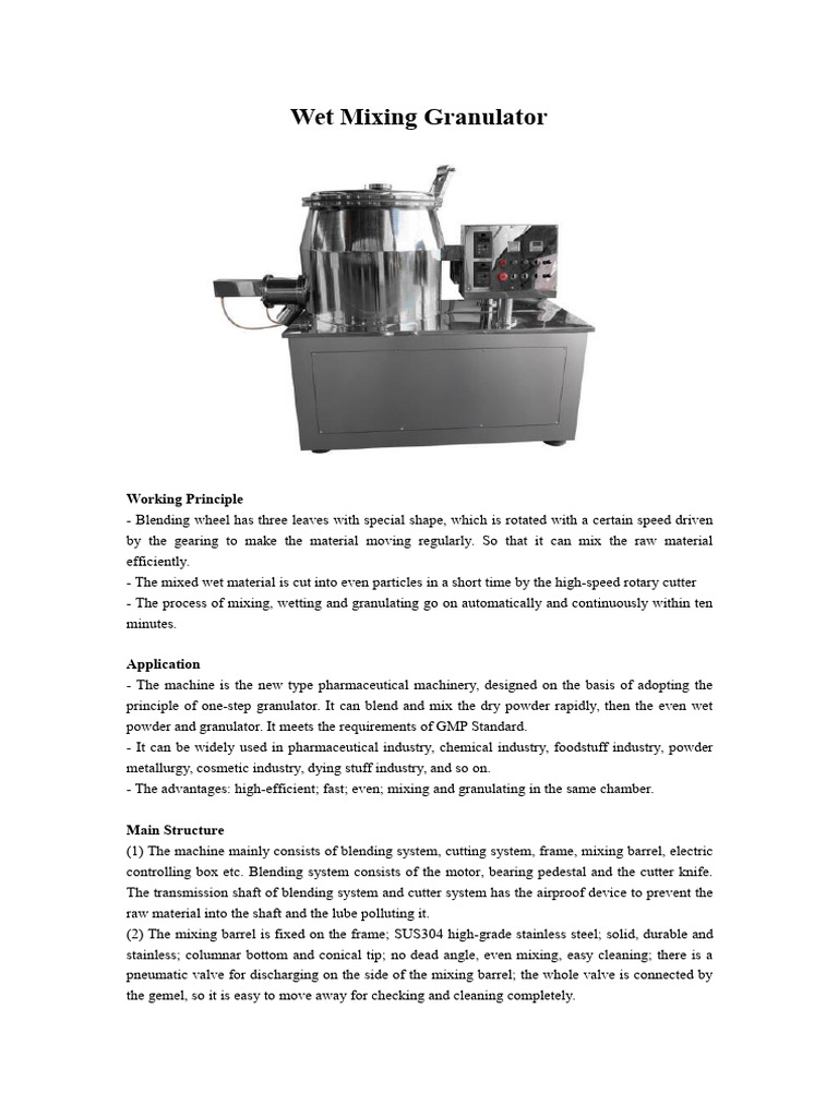 Wet Mixing Granulator Overview | PDF | Mechanical Engineering ...