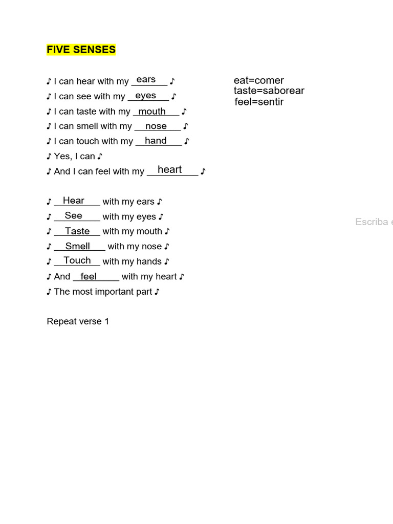 Five Senses Song | PDF