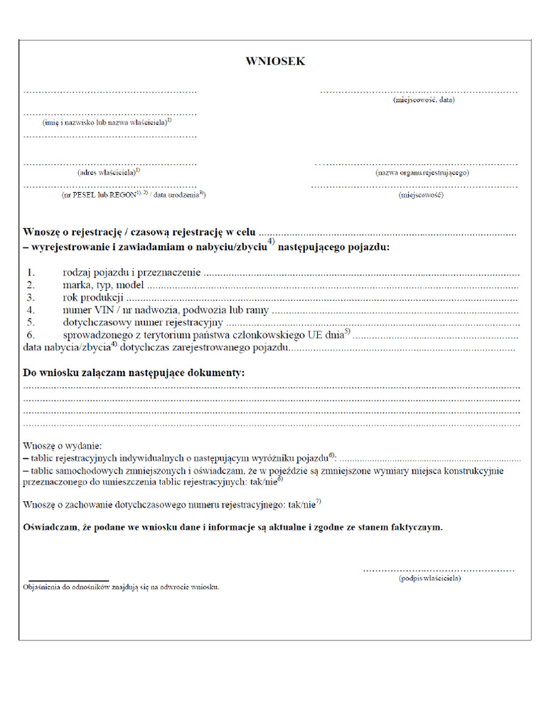 Wniosek o Rejestrację Pojazdu 2023 | PDF