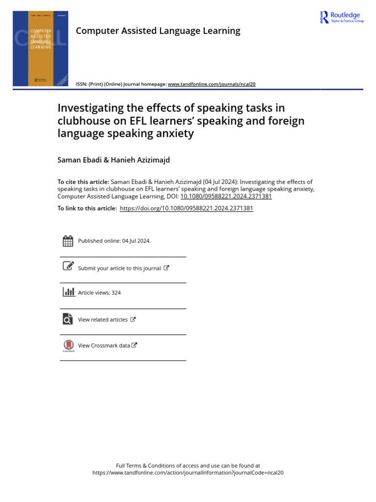 Investigating The Effects of Speaking Tasks in Clubhouse On EFL Learners Speaking and Foreign ...