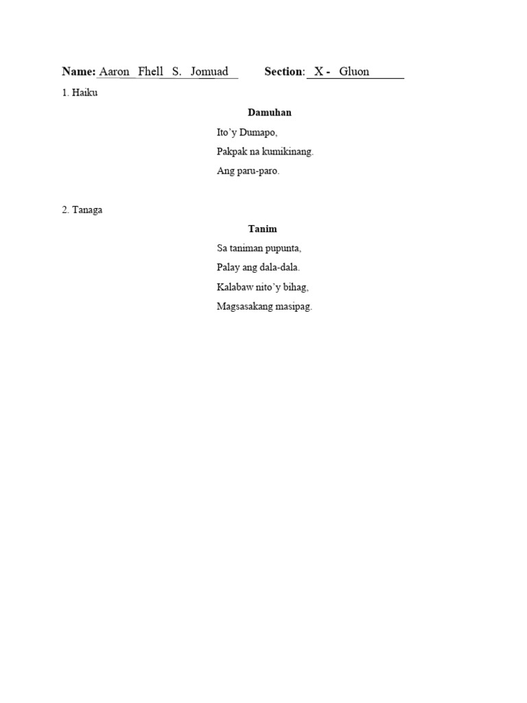 Fil4Pagtataya2 HaikuAtTanaga JOMUAD | PDF