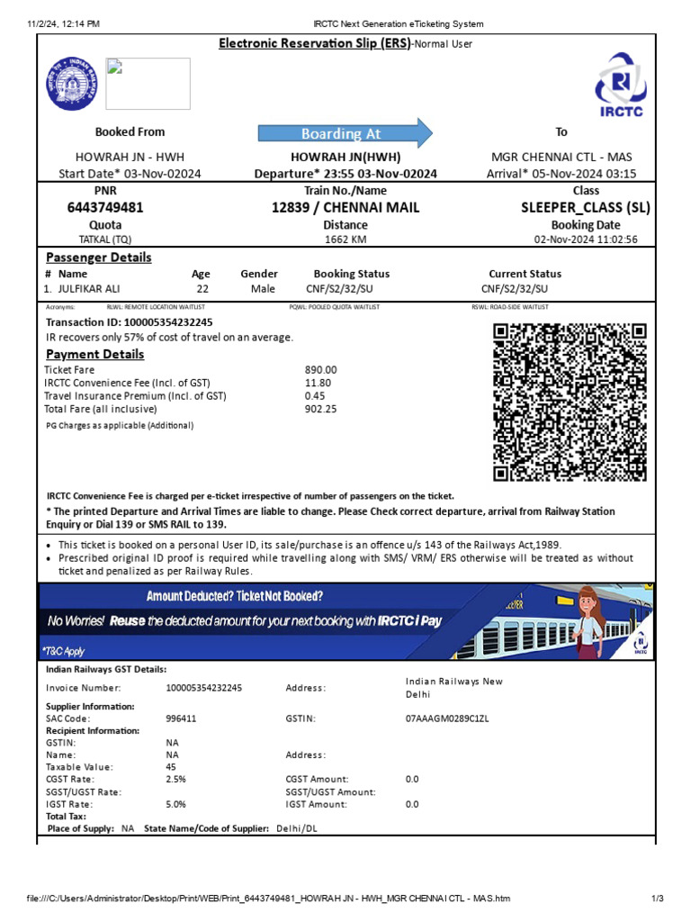 Chennai Mail Sleeper - Class (SL) : Electronic Reserva On Slip (ERS ...