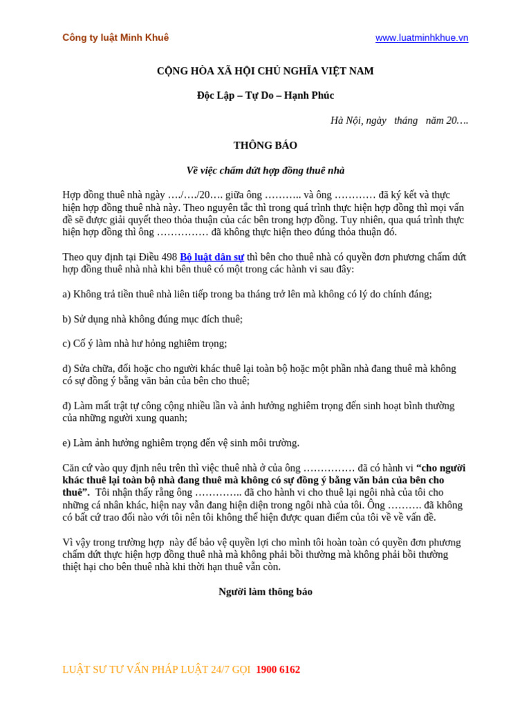 Mau Thong Bao Don Phuong Cham Dut Hop Dong Thue Nha | PDF