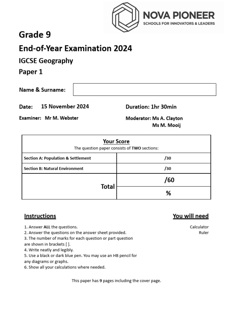 Grade 9 Geography Exam Paper 1 QP 2024 | PDF | Amazon Rainforest | Tropics