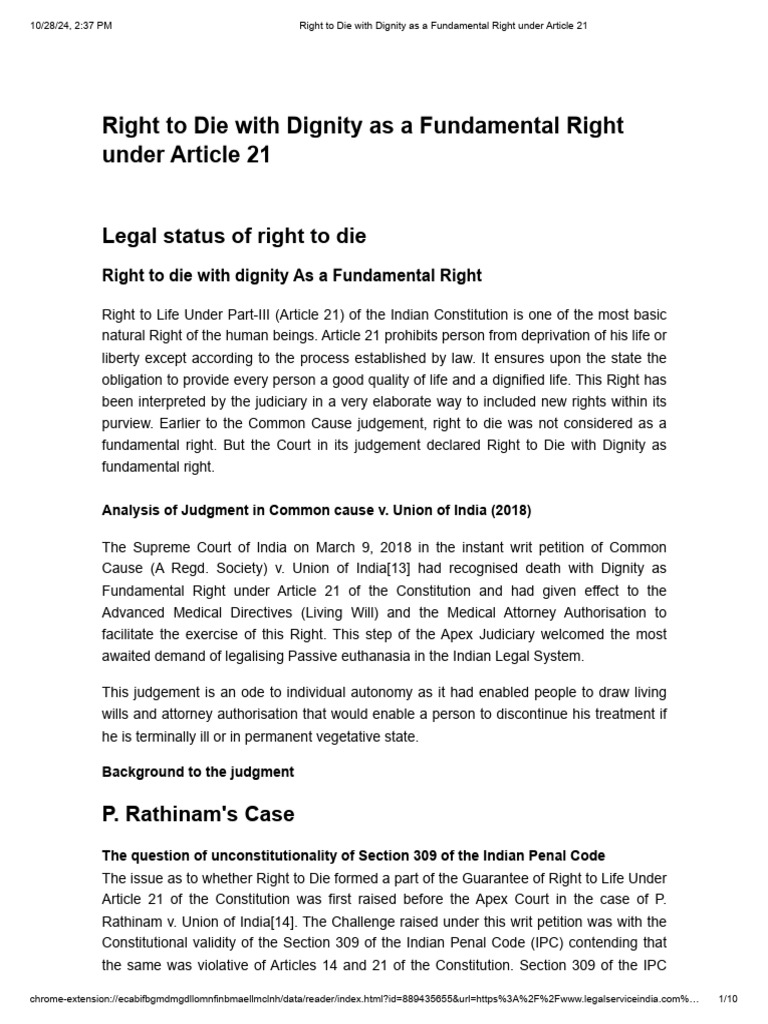 Right to Die with Dignity in India | PDF | Justice | Crime & Violence