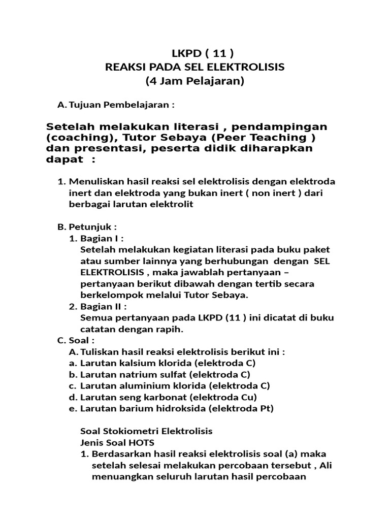 LKPD (11) Reaksi Pada Sel Elektrolisis | PDF