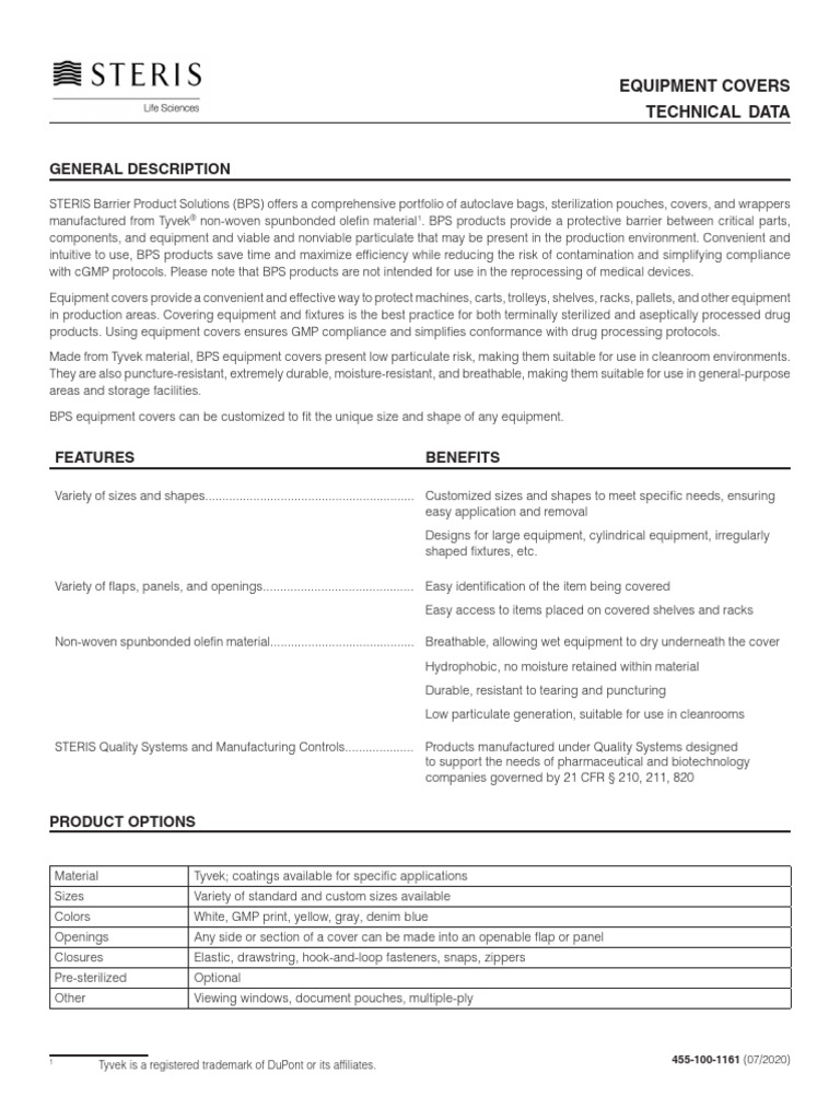 GMP Equipment Covers TDS | PDF | Sterilization (Microbiology)
