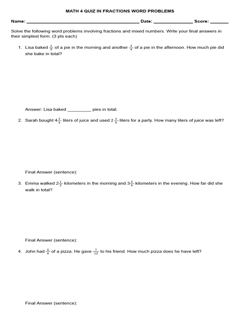 Fractions Word Problems Quiz | PDF