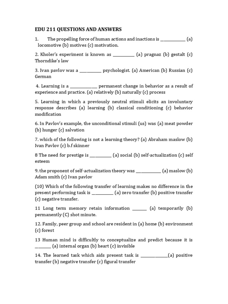 Edu 211 Questions and Answers | PDF | Learning | Adolescence