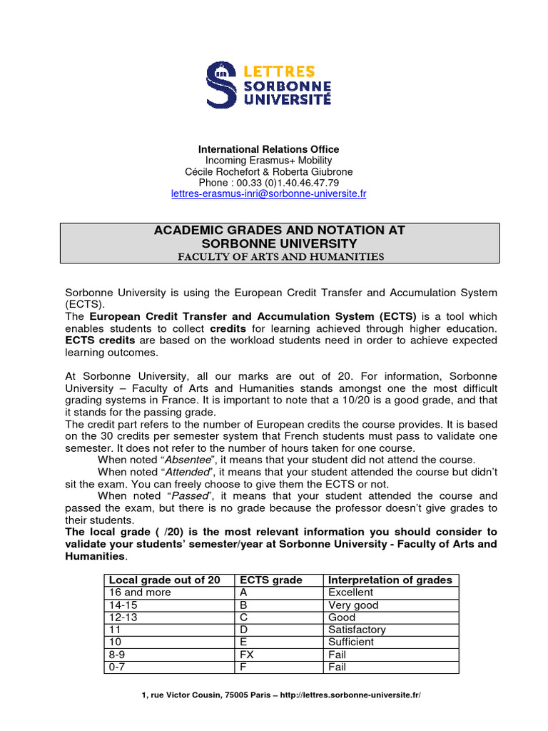 Academic Grades Notation Sorbonne University - Faculty of Arts and Humanities 20-06-19-2 | PDF ...