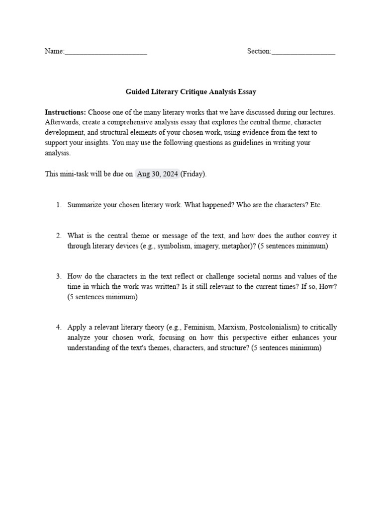 Guided Literary Critique Analysis Template | PDF