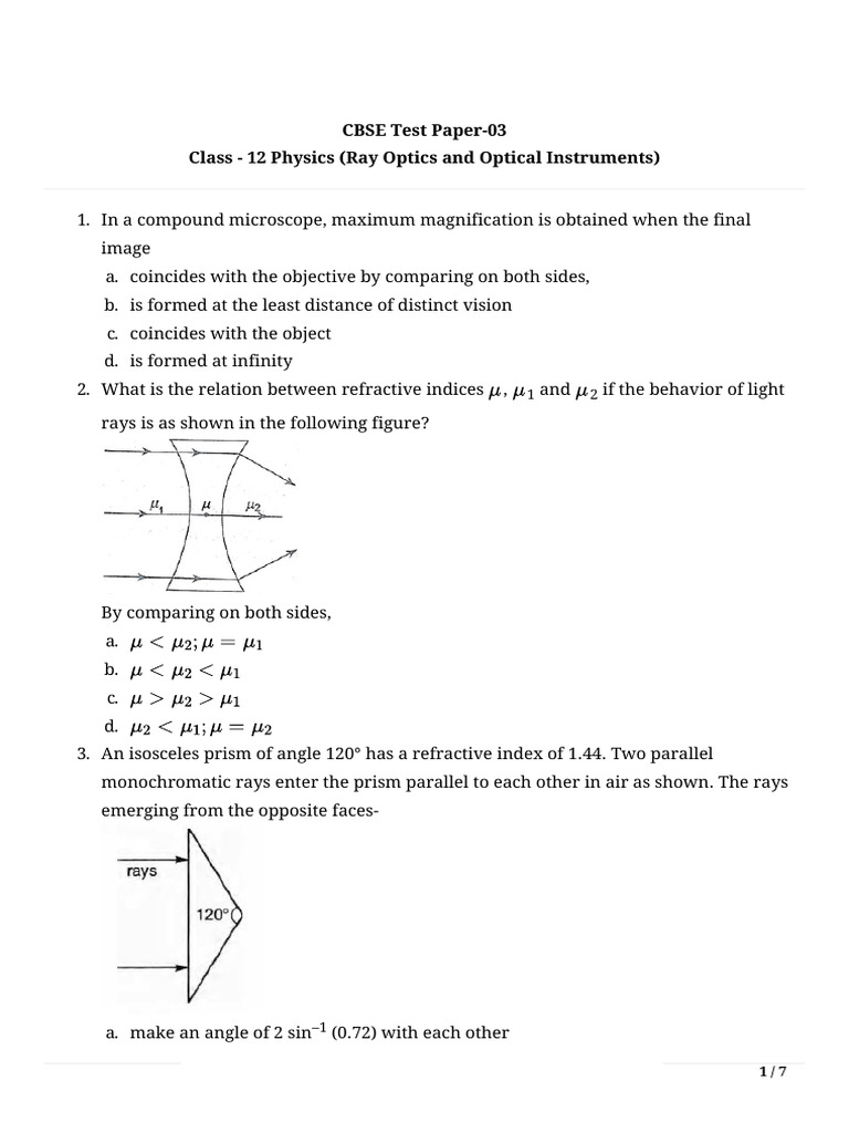 Class 12 Physics: Ray Optics Test Paper | PDF | Glass Engineering And ...