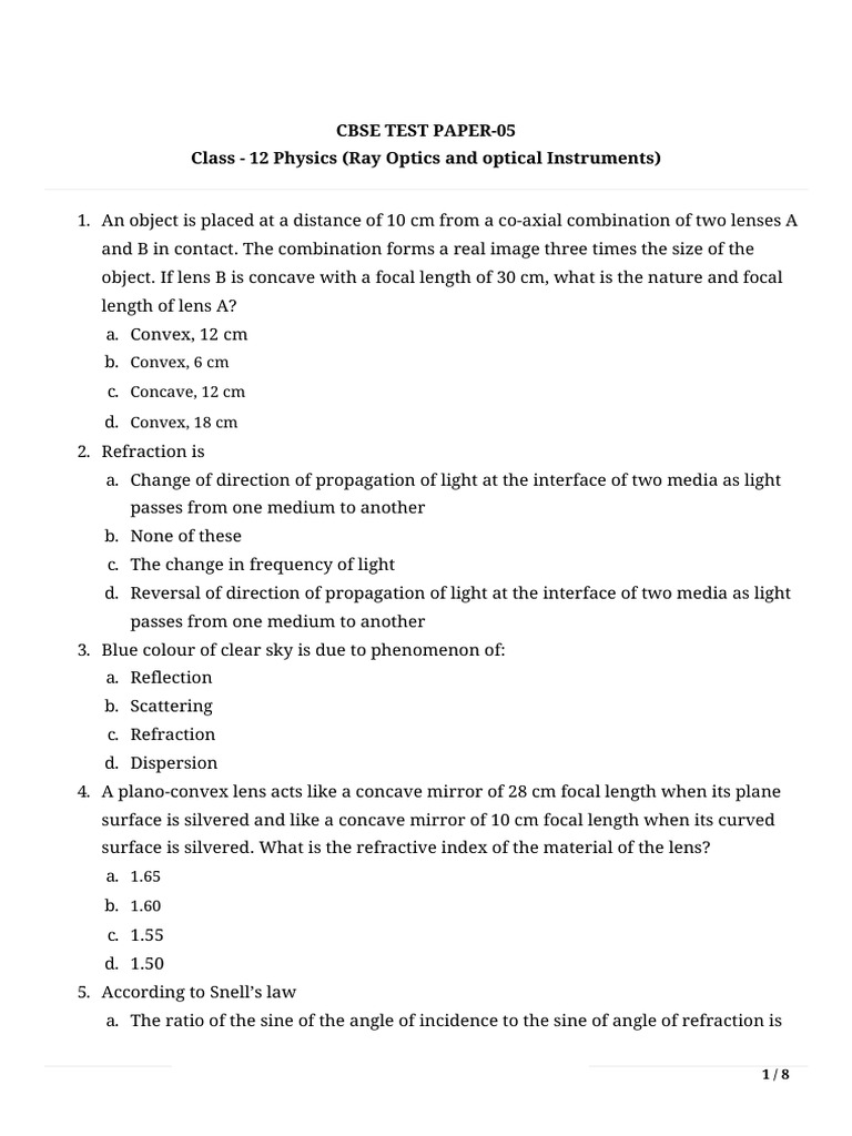 RayOpticsandOpticalInstruments Paper 05 | PDF | Optics | Refraction