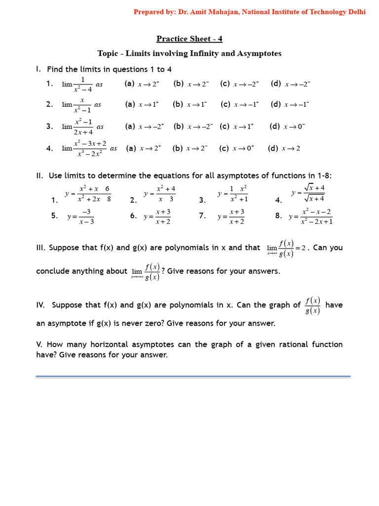 Practice Sheet 4 - Limit and Asymptotes | PDF