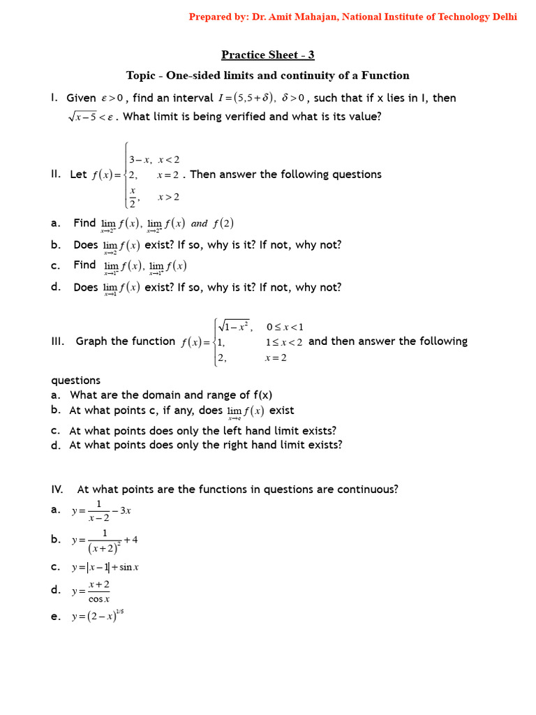 Practice Sheet 3 - One Sided Limit and Continuity | PDF | Mathematical Analysis | Functions And ...