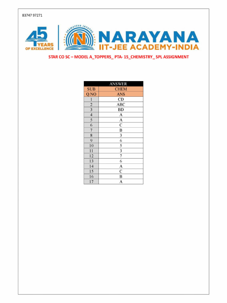 Star Co SC - Model A - Toppers - Pta - 15 - Chemistry - SPL Assignment - Key | PDF