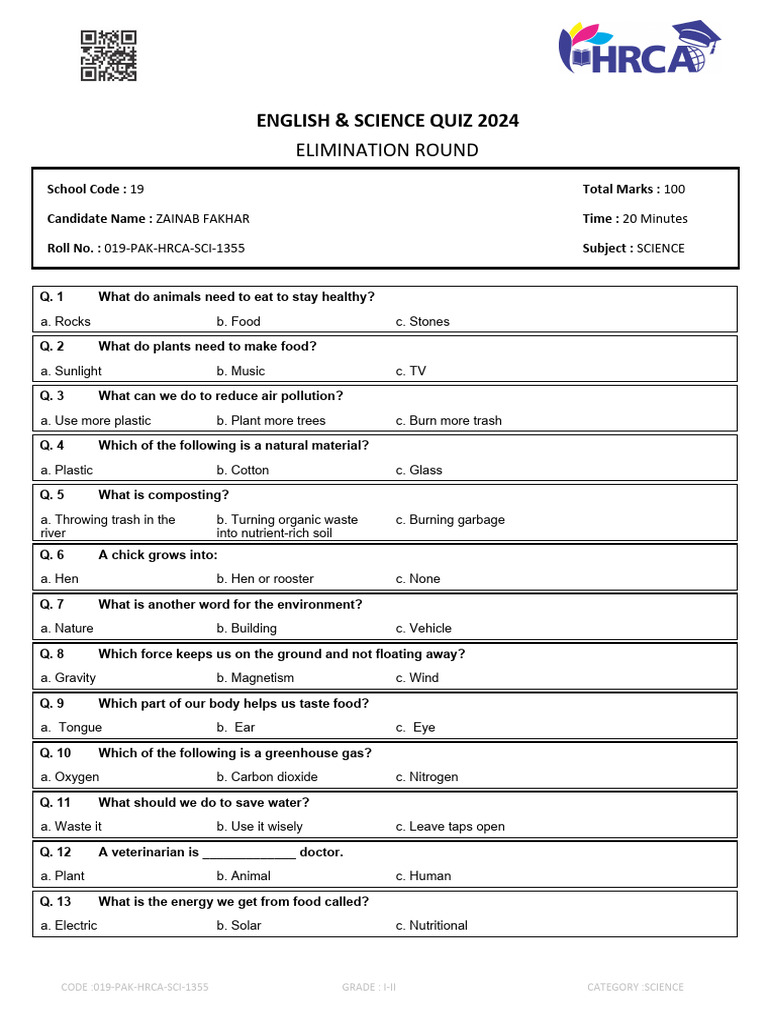 HRCA Sample Exam | PDF | Waste | Plants