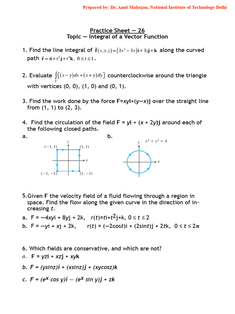 Practice Sheet 26 Integral of Vector Function | PDF | Integral ...