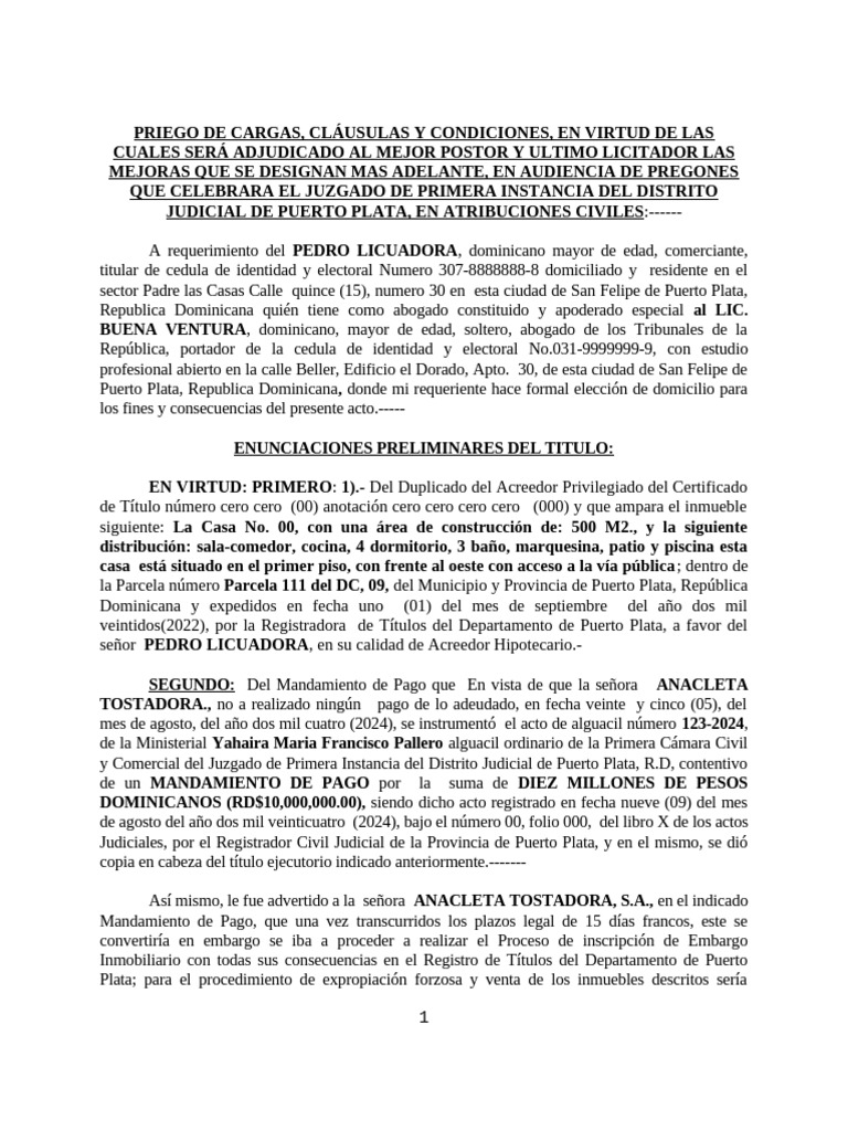 Pliego de Condiciones | PDF | Subasta | Ley de hipotecas