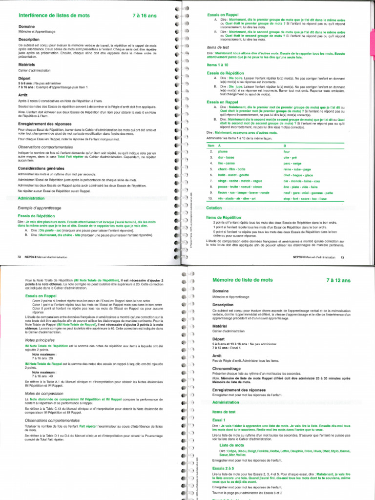 NEPSY 2 - Manuel D - Administration (2ème Partie p72 À 120) | PDF