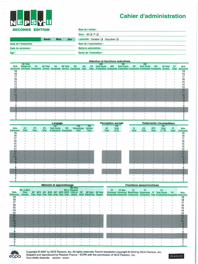 NEPSY 2 - Cahier Passation | PDF