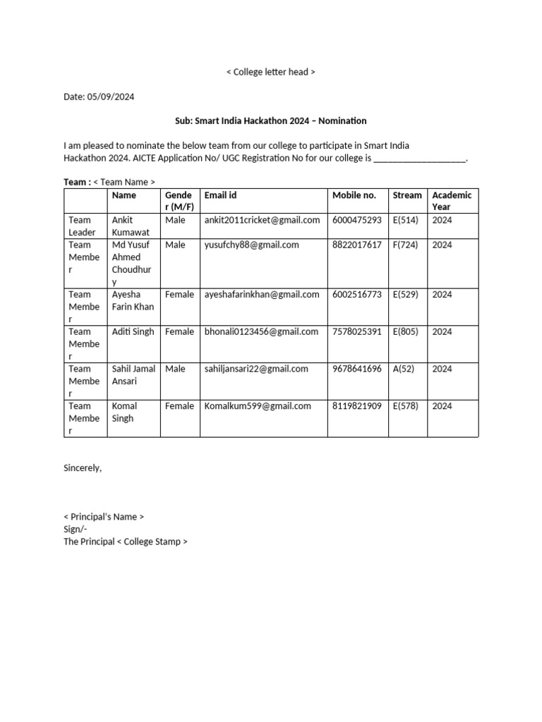 College Authorization Letter - SIH2024 | PDF