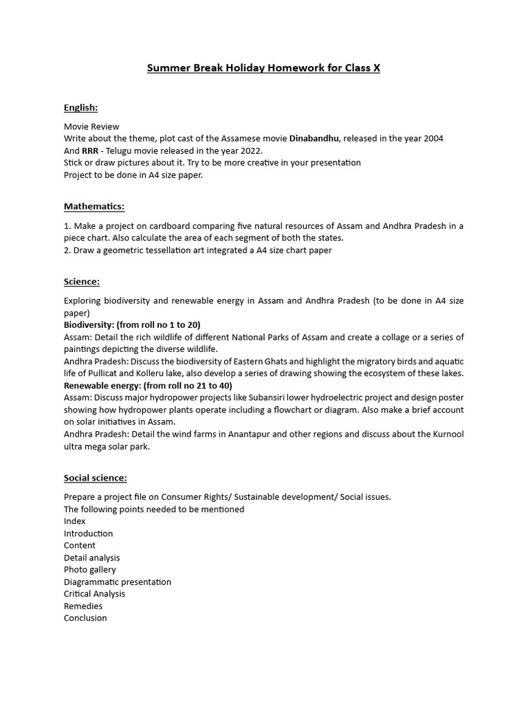 Summer Break Holiday Homework For Class X | PDF | Nature