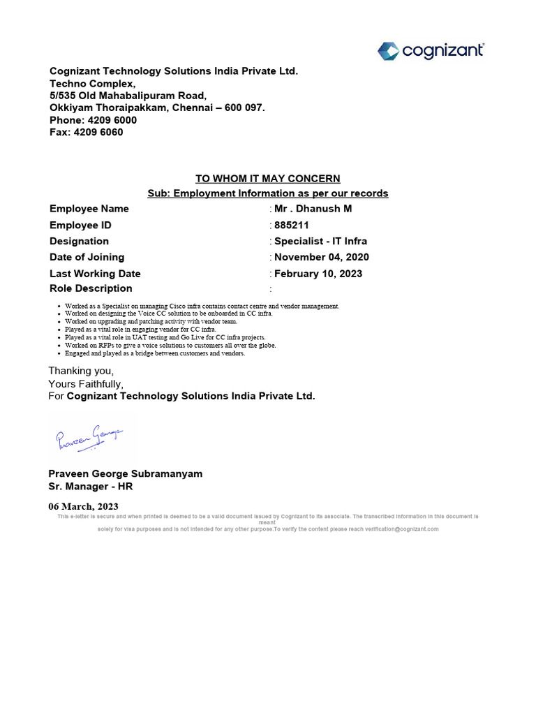 Cognizant Experience Letter | PDF