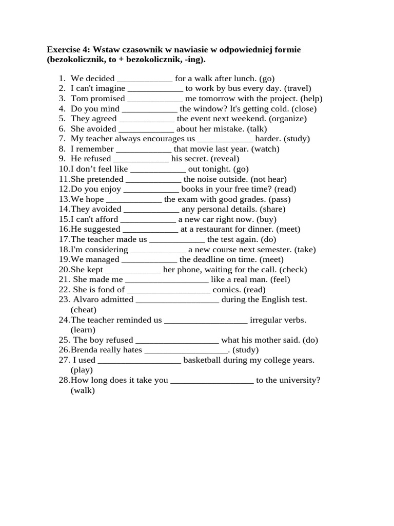 Gerund and Infinitive Cwiczenia | PDF